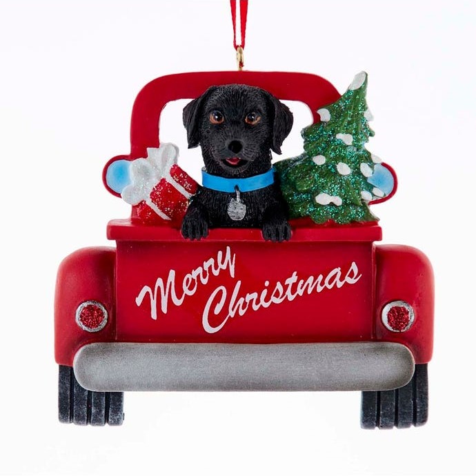 Christmas Ornament - Black Lab In Red Truck - 5.5in