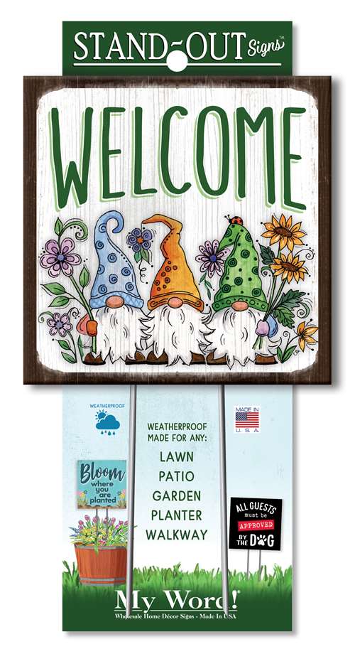 Gnome Welcome Sign For Yard - 3 Gnomes/Flowers - 8in