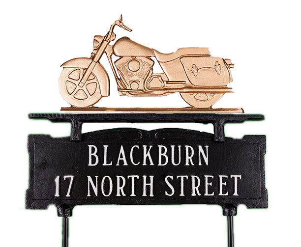 Lawn Mounted Double Sided Address Sign With Motorcycle Ornament On Top