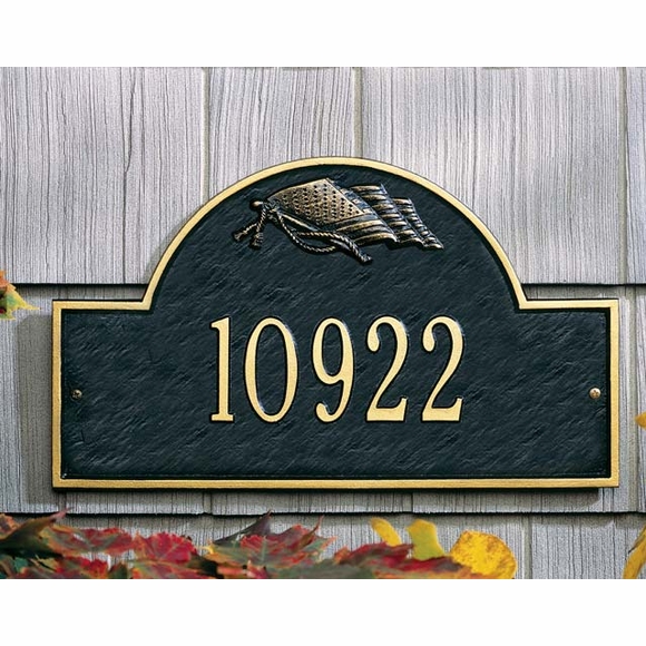 Metal Address Plaque With Waving Flag In Arch For Wall or Optional Lawn ...