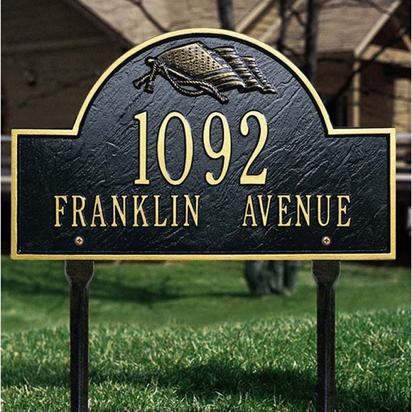 Metal Address Plaque With Waving Flag In Arch For Wall or Optional Lawn ...