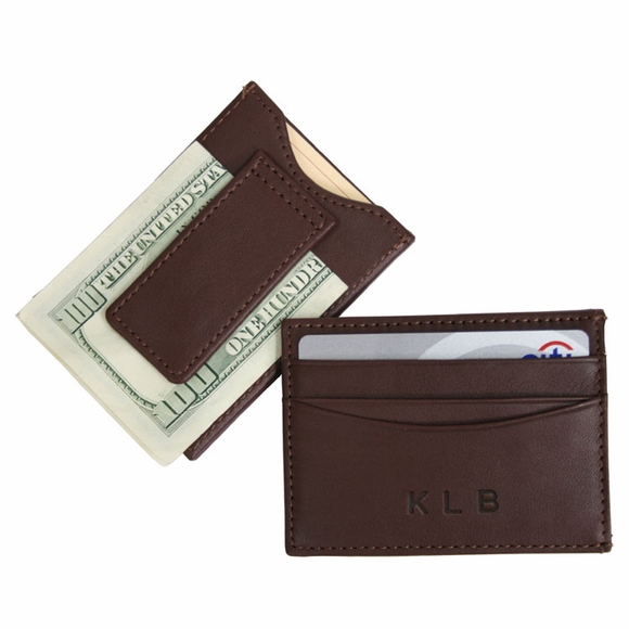 Monogrammed Leather Money Clip Wallet