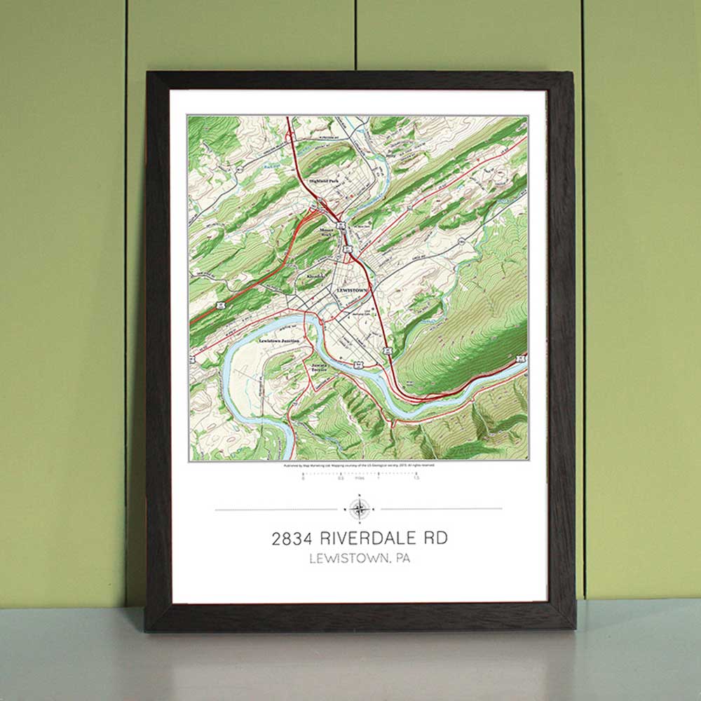 Framed Topographical Map Customized with Your Home Address in the Center