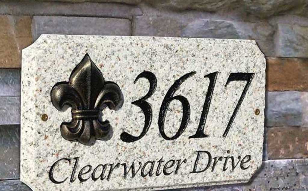 Granite Address Sign with Fleur De Lis, Oak Tree, or Scroll Emblem