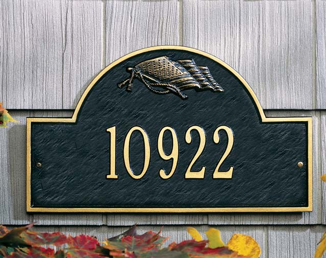Metal Address Plaque With Waving Flag In Arch For Wall or Optional Lawn ...