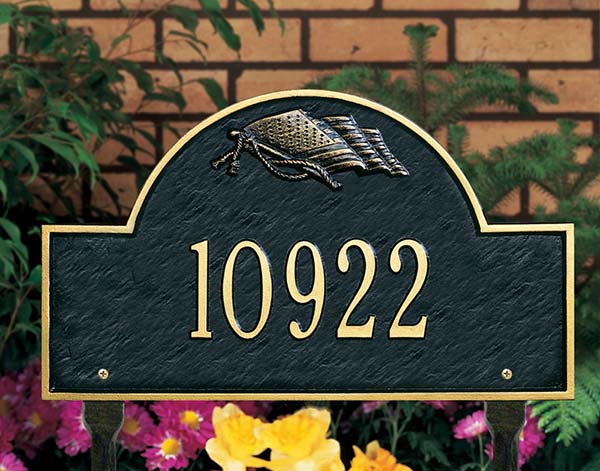 Metal Address Plaque With Waving Flag In Arch For Wall or Optional Lawn ...