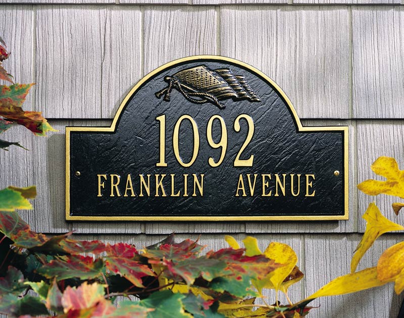 Metal Address Plaque With Waving Flag In Arch For Wall or Optional Lawn ...