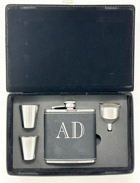 Personalized Engraved Flask Set with Shot Glasses, Funnel & Case