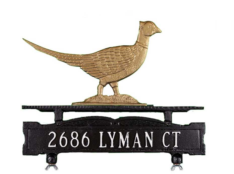 Mailbox Topper Address Sign With Pheasant On Top - Double Sided Plaque
