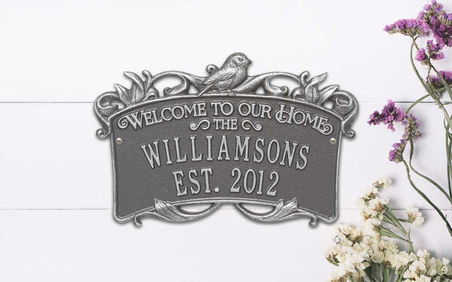 Welcome To Our Home Name and Year Date Established Plaque With Bird On Top