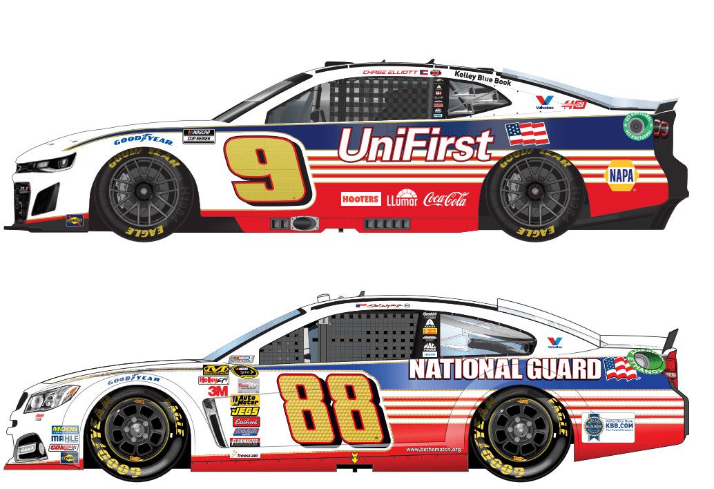 DALE JR & CHASE ELLIOTT 2-CAR SET NATIONAL GUARD & UNIFIRST 1/64 ACTION ...