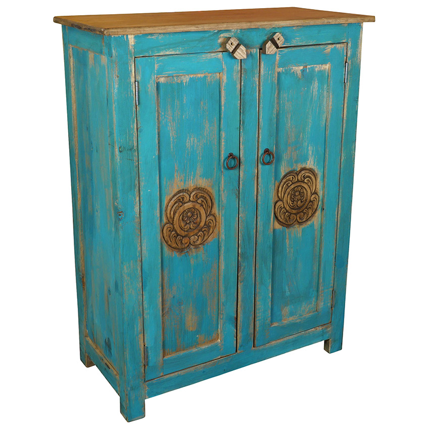 2 Door Rustic Turquoise Cabinet with Carved Doors