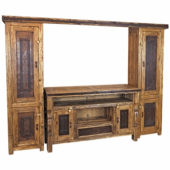 4-Piece Rustic Wood Entertainment Center with Iron Accents