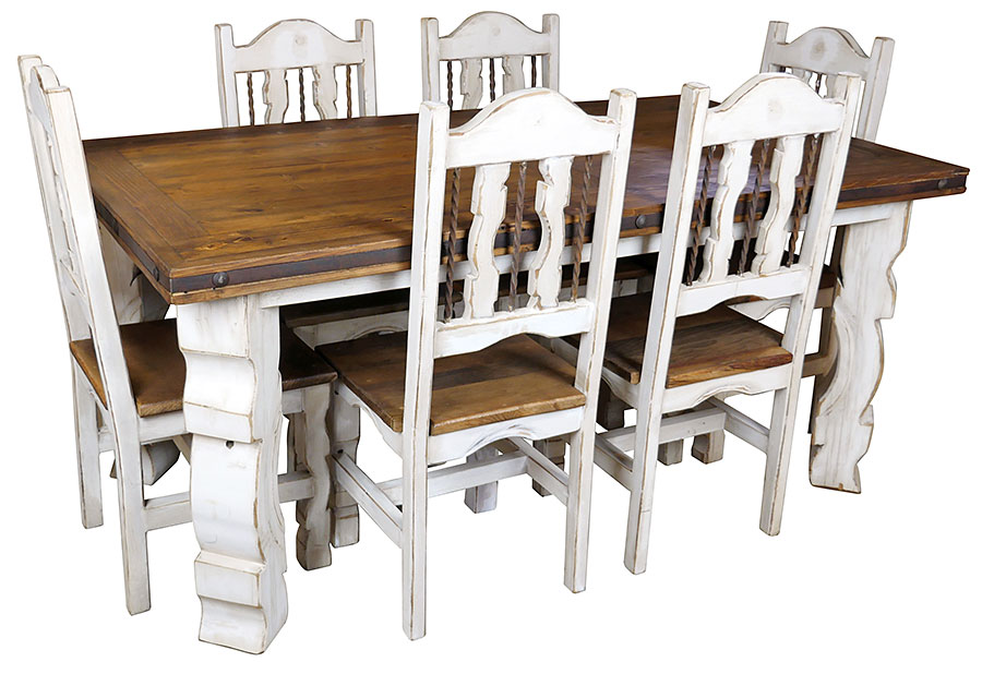 7-Piece Rustic Wood White Washed Dining Set - 72"