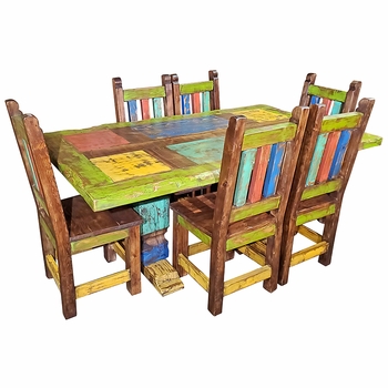 72" Multi-Color Rustic Painted Wood Dining Set