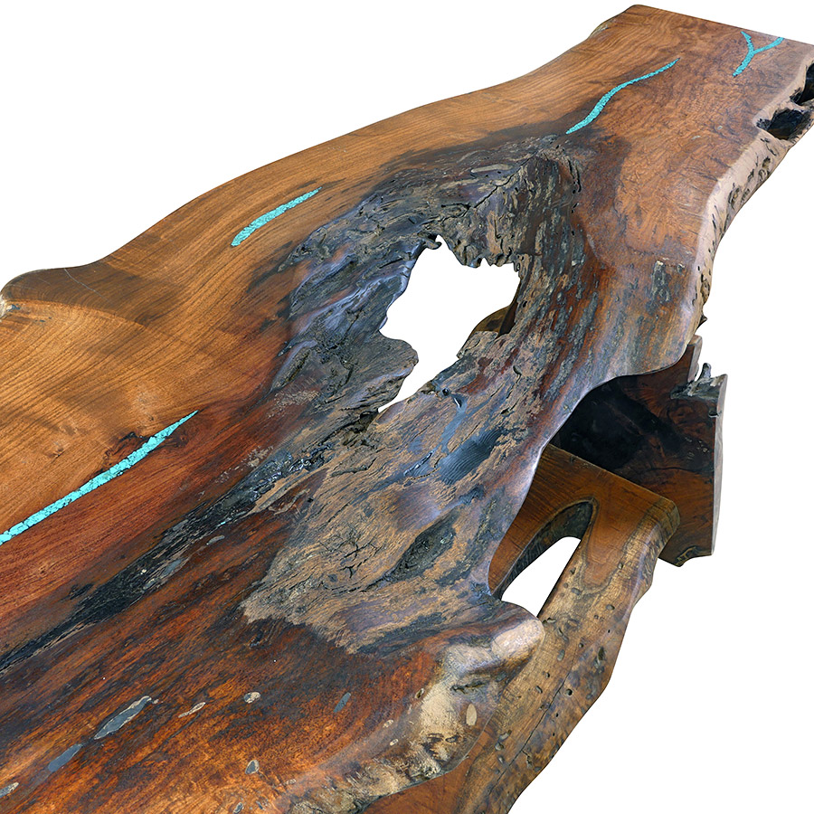 84" Free Form Slab Mesquite Sofa Table with Turquoise Inlay