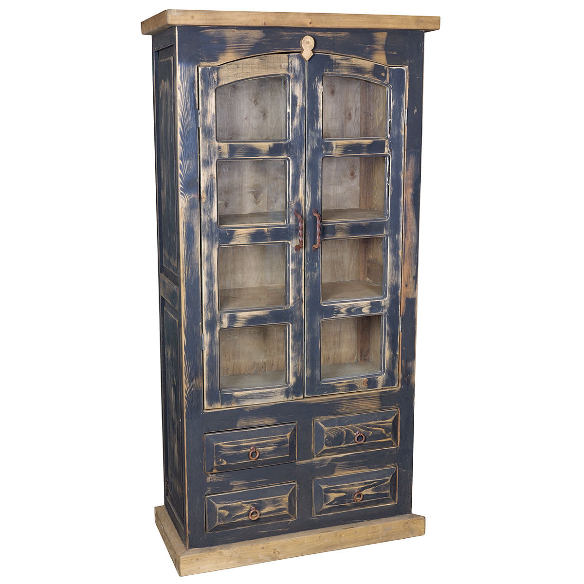 Black Distressed Mexican Vitrina Cabinet with Glass Panel Doors and 4 Drawers