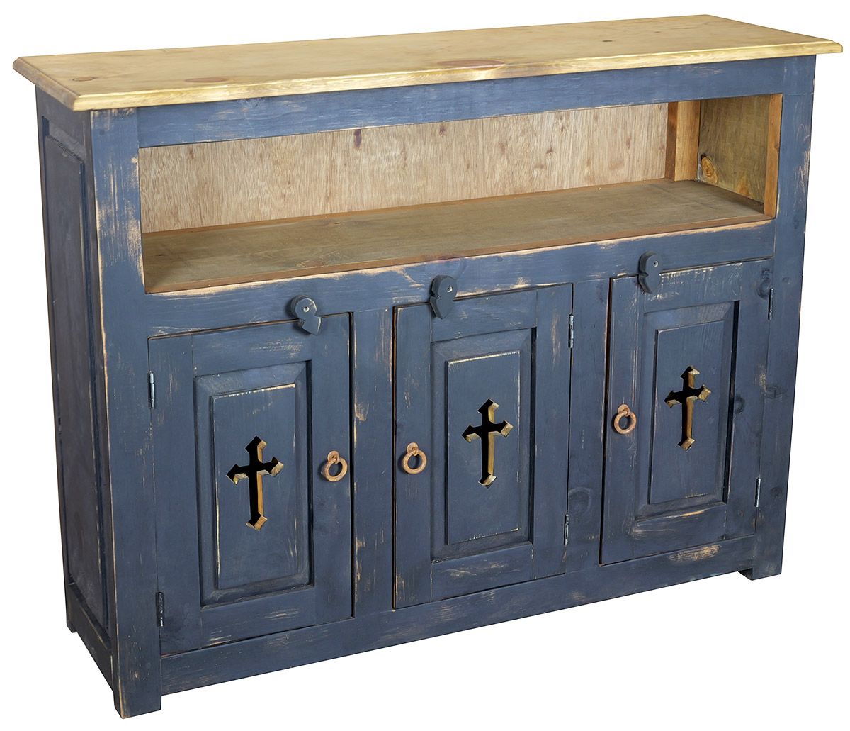 Slate Painted Wood TV Stand with Cross Cutout Doors