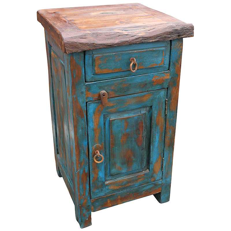 Blue Rustic Painted Wood Nightstand with Mesquite Top