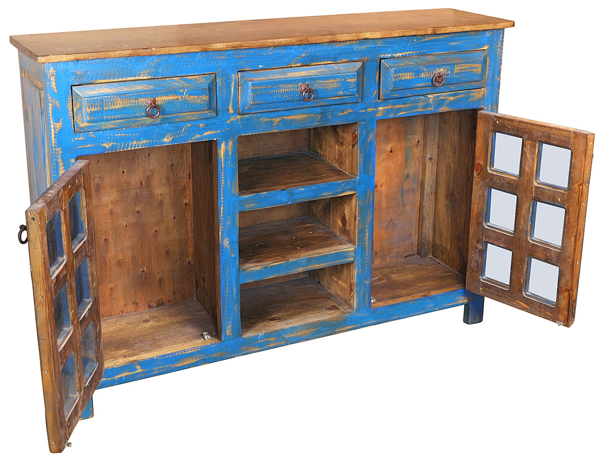 Blue Rustic Painted Wood Sideboard Buffet with Glass Panel Doors