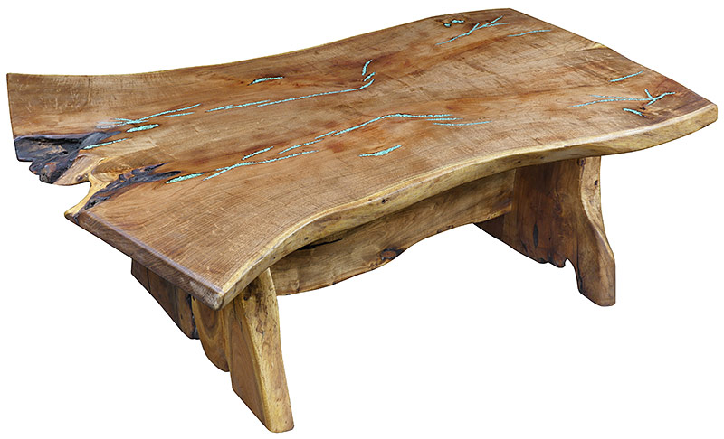 Bookmatched Slab Mesquite Coffee Table with Turquoise Inlay