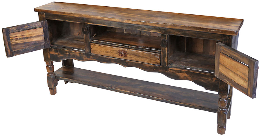 Dark Rustic Wood Turned Leg Buffet Table with 2 Doors, 1 Drawer and Shelf