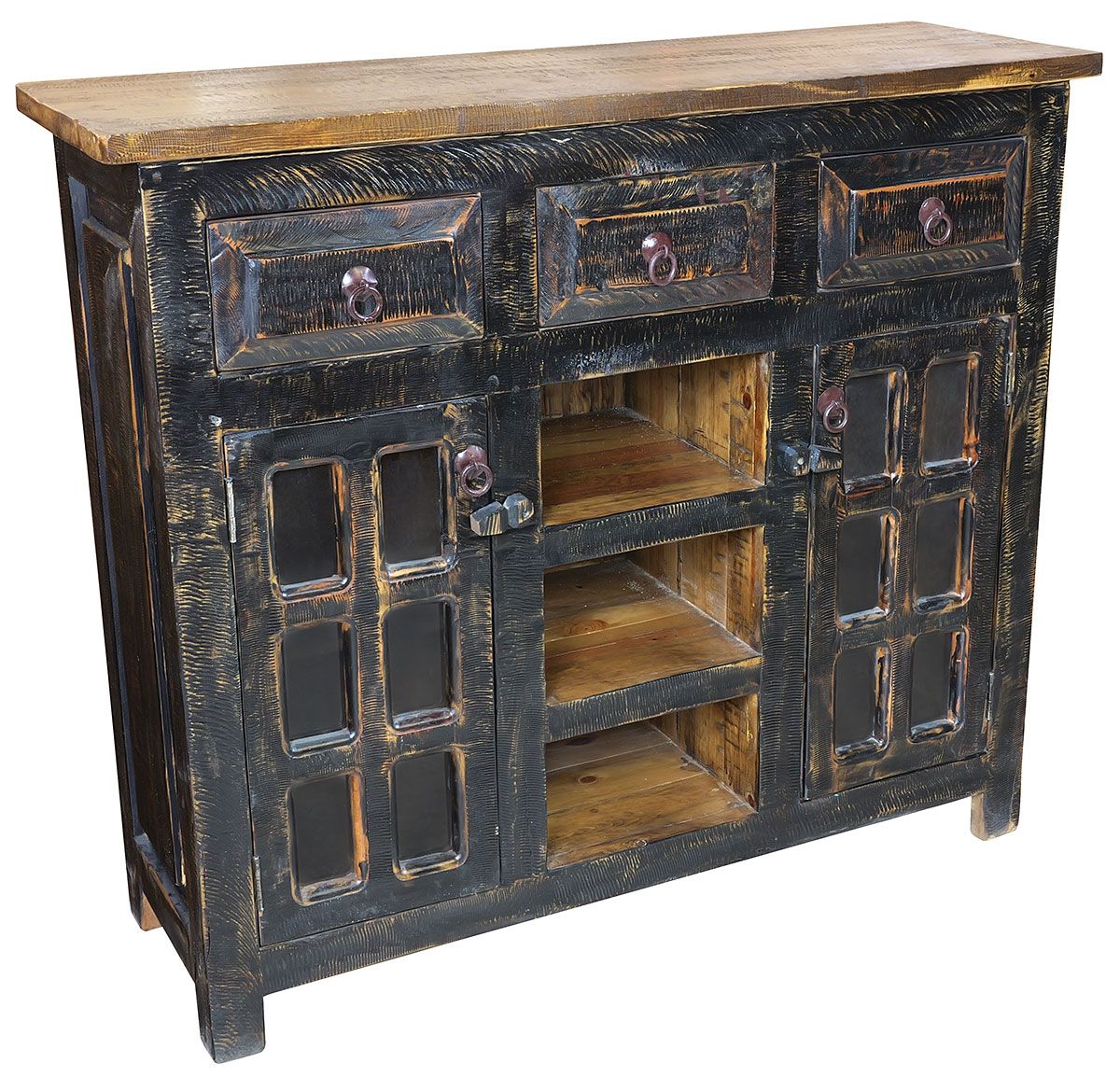 Distressed Black Painted Wood Buffet with Glass Panel Doors