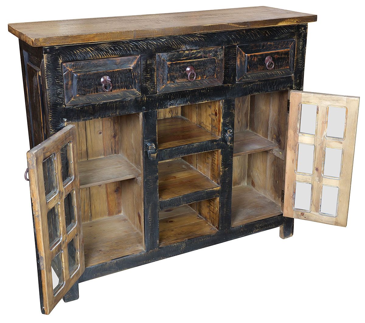 Distressed Black Painted Wood Buffet with Glass Panel Doors