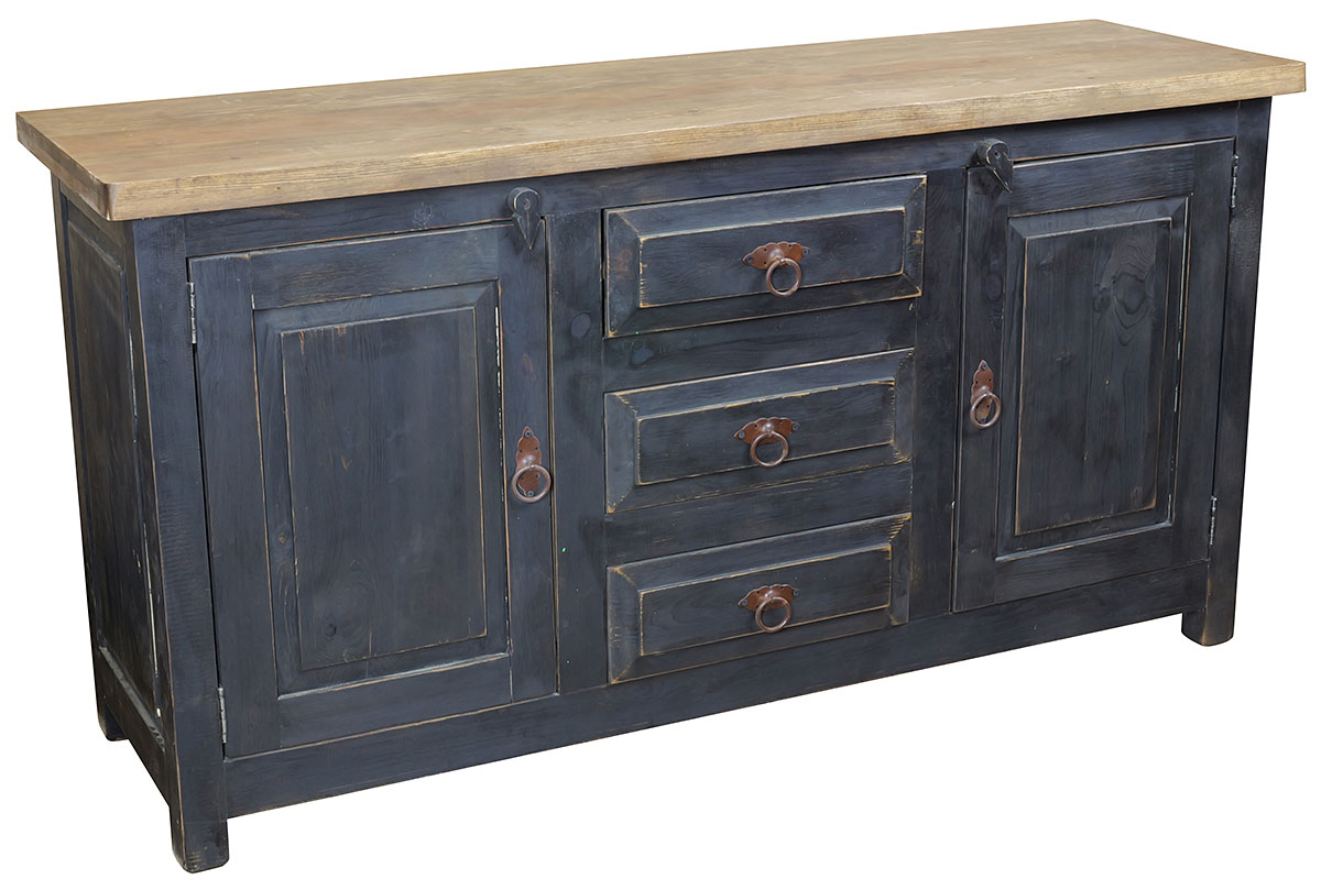Distressed Black Painted Wood Hacienda Buffet - 2 Doors, 3 Drawers