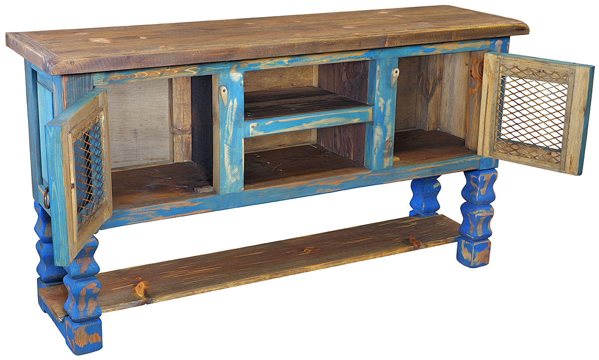 Distressed Blue Painted Wood Entertainment Console - 60"
