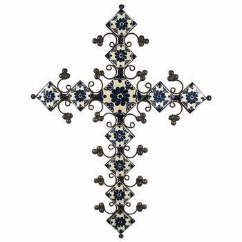 Elaborate Iron Cross with Blue & White Talavera Tile