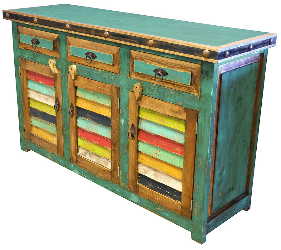 Green Painted Wood Buffet with Colorful Slat Doors