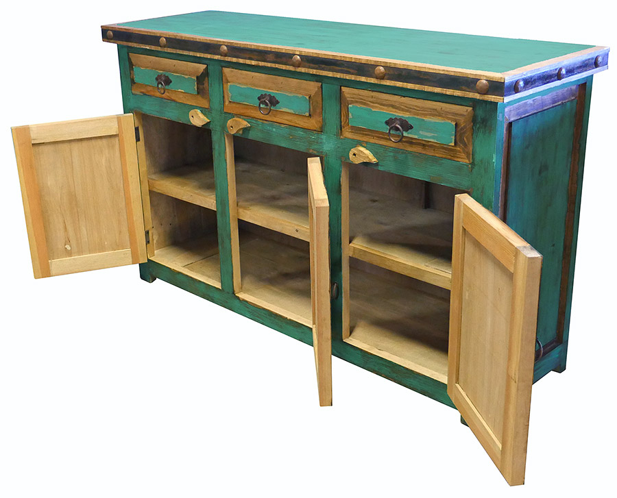 Green Painted Wood Buffet with Colorful Slat Doors