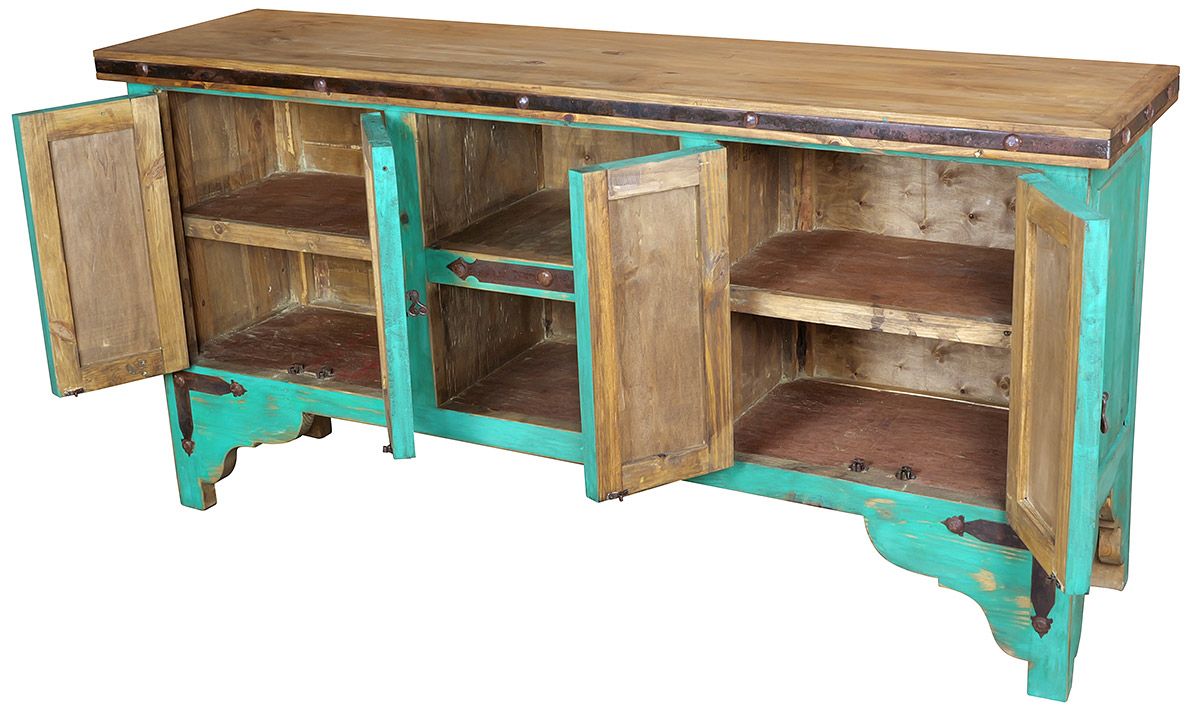 Green Painted Wood Buffet with Iron Panel Doors