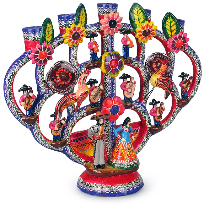 Hand Painted Clay Mariachi Candelabra Mexican Folk Art
