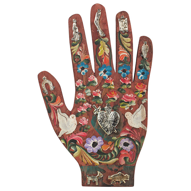 Large Mexican Folk Art Painted Wood Hand with Milagros