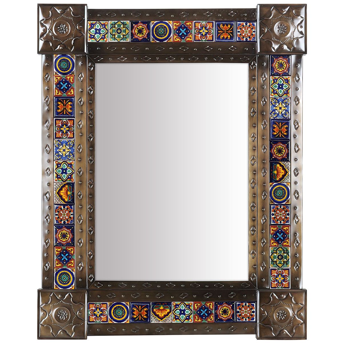Large Mexican Punched Tin & Mixed Talavera Tile Mirror - 26" x 32"