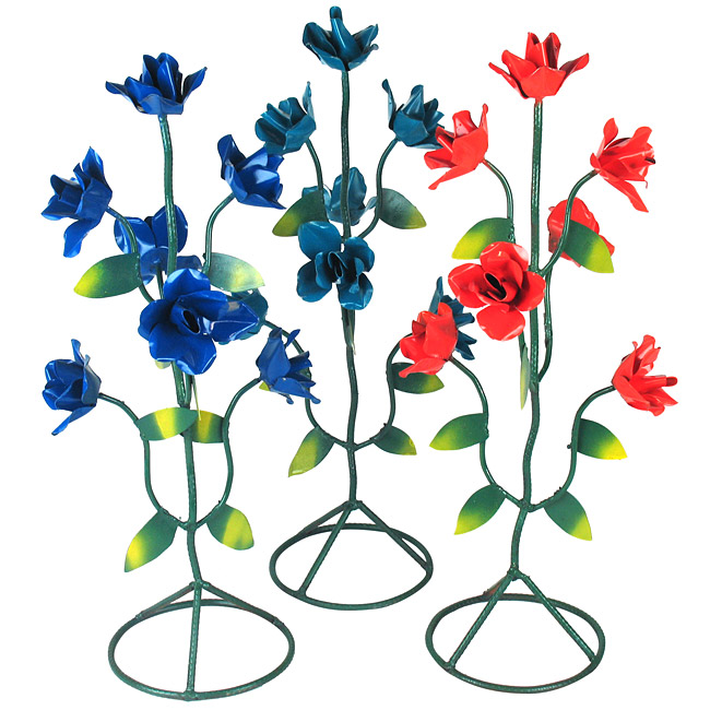 Medium Painted Metal Roses - 20" Tall - Mexican Yard & Garden Art