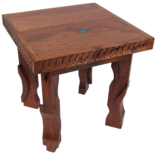 Mesquite Carved End Table with Turquoise Inlay