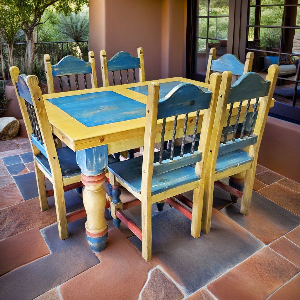 Mexican Country Style Painted Wood Dining Table and Chairs - 4 Sizes