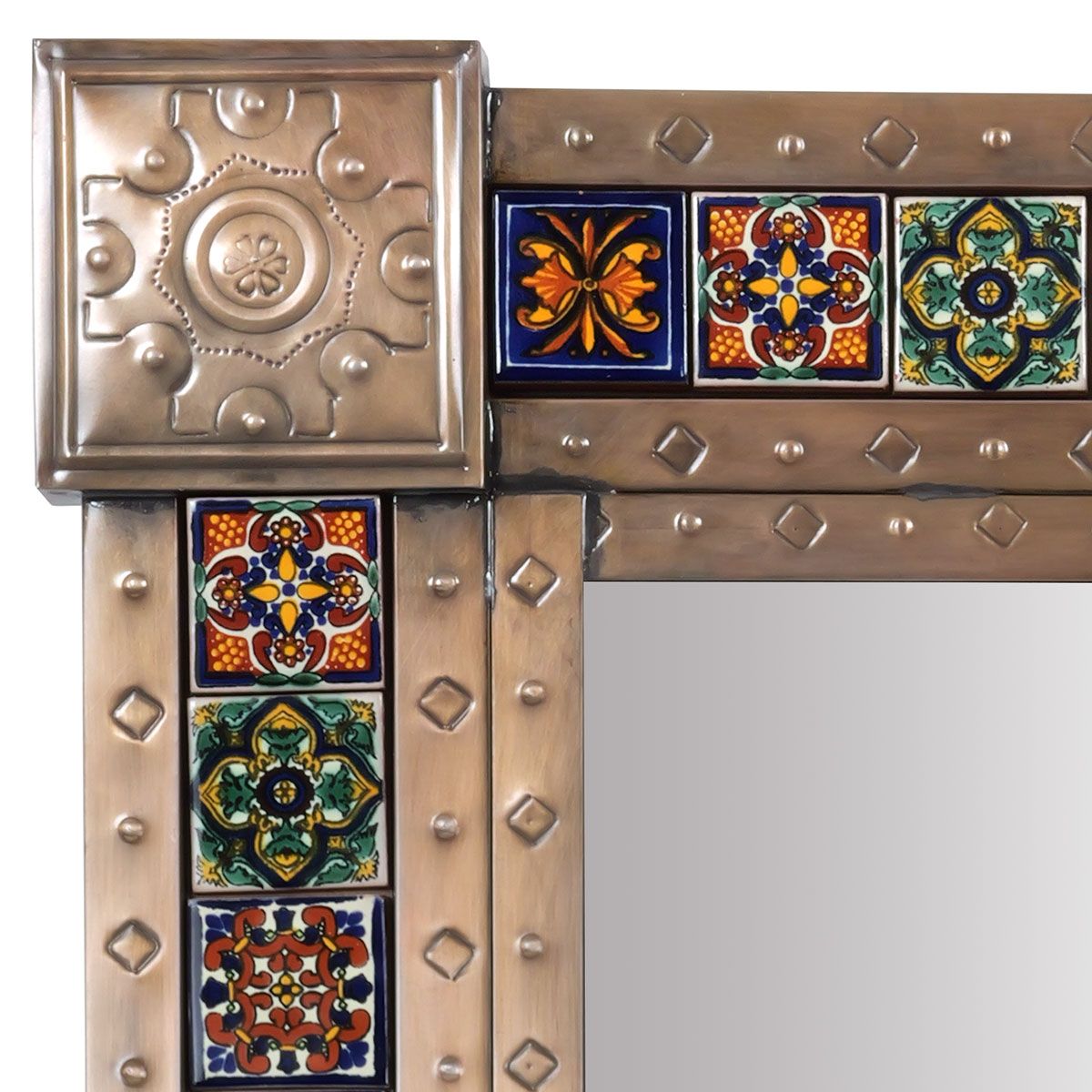 Mexican Embossed Tin Mirror With Mixed Talavera Tile - 20" x 24"