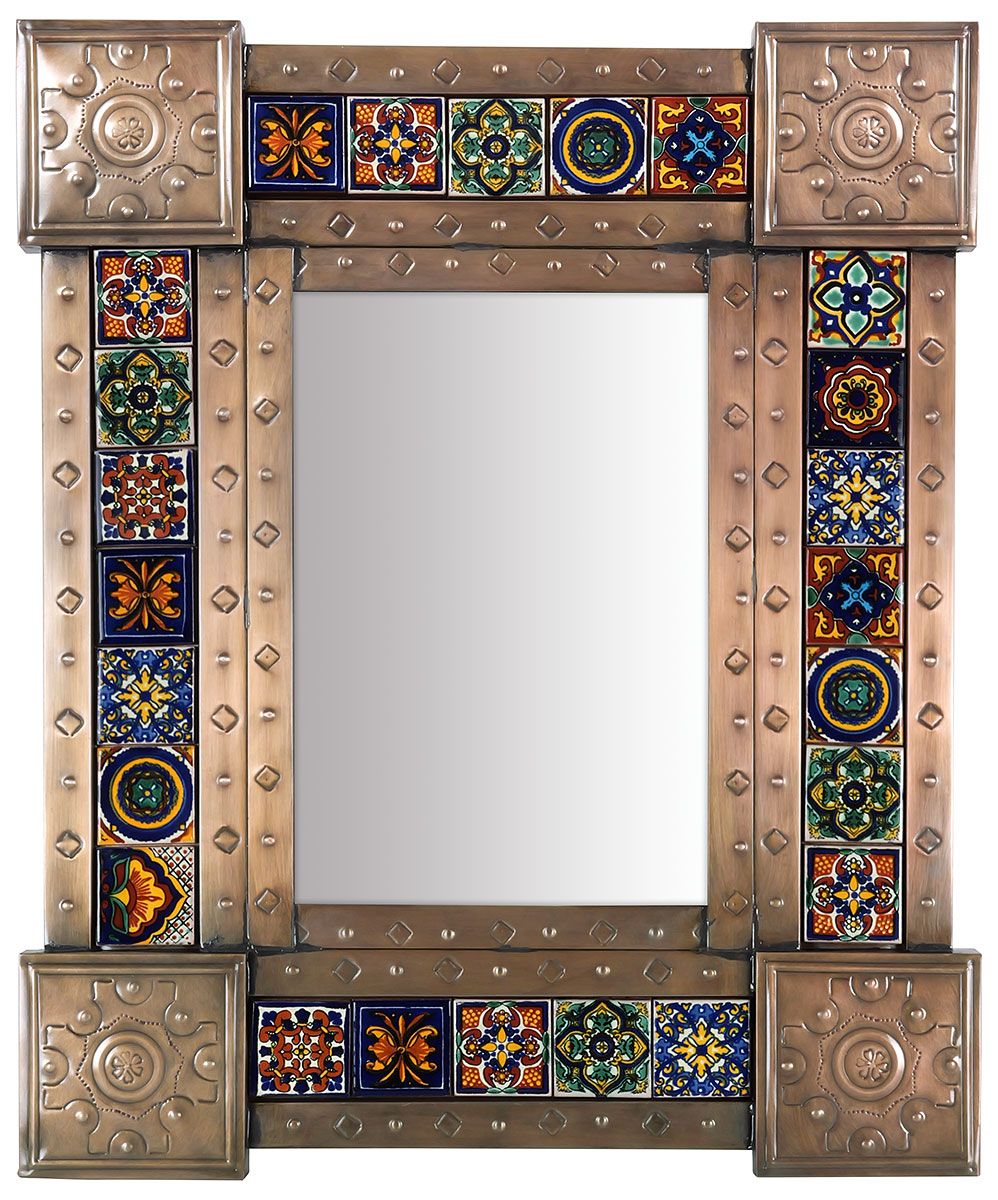 Mexican Embossed Tin Mirror With Mixed Talavera Tile - 20" x 24"