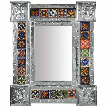Mexican Natural Tin Mirror With Mixed Talavera Tiles - 20" x 24"