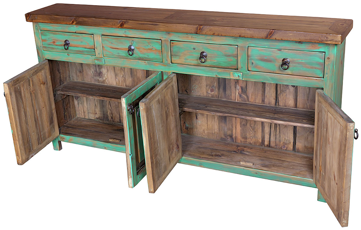 Mexican Painted Wood Green and Natural Buffet - 4 Doors - 4 Drawers