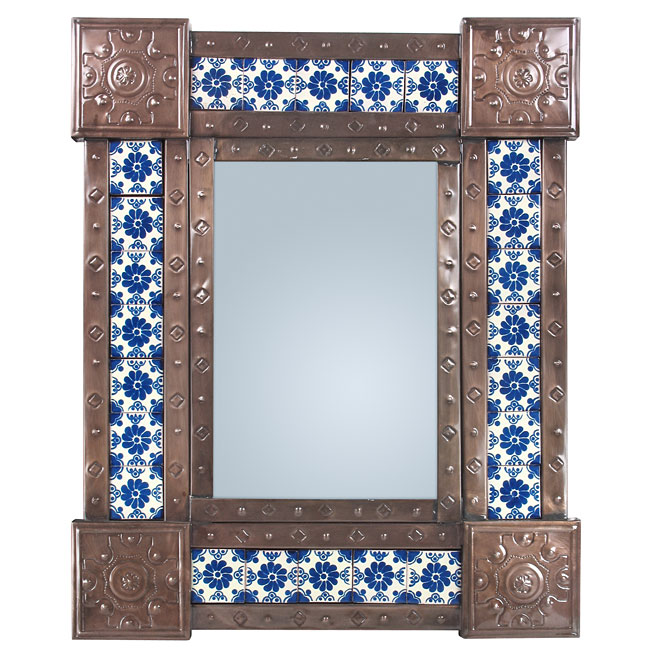 Mexican Punched Tin & Talavera Tile Mirror - 20" x 24"