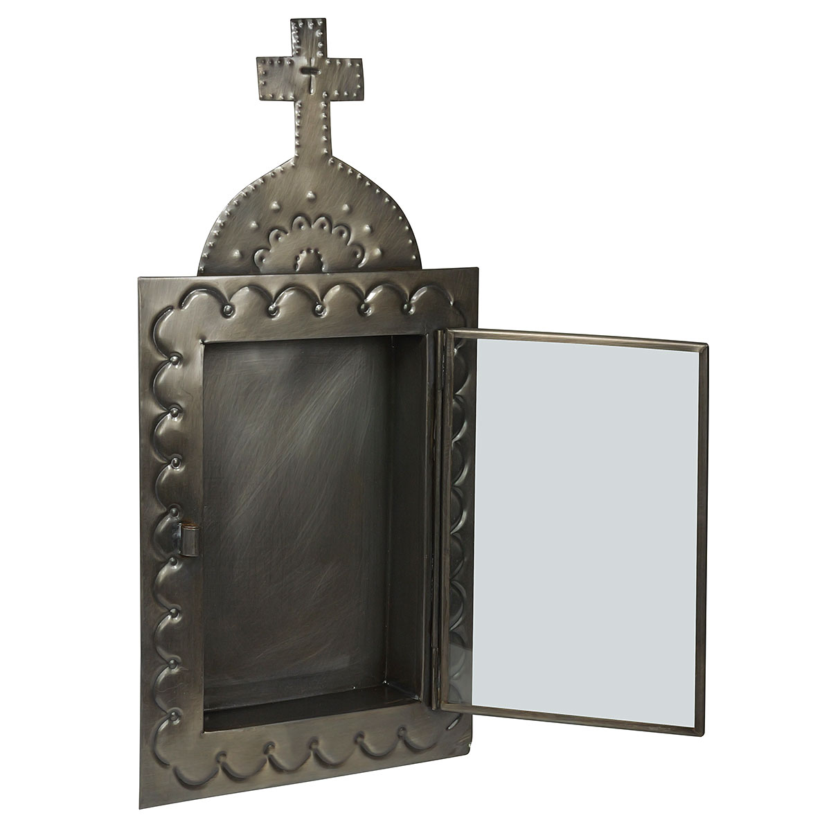 Mexican Tin Shadow Box with Cross - Hinged Glass Door