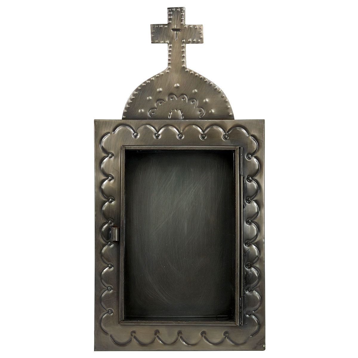 Mexican Tin Shadow Box with Cross - Hinged Glass Door