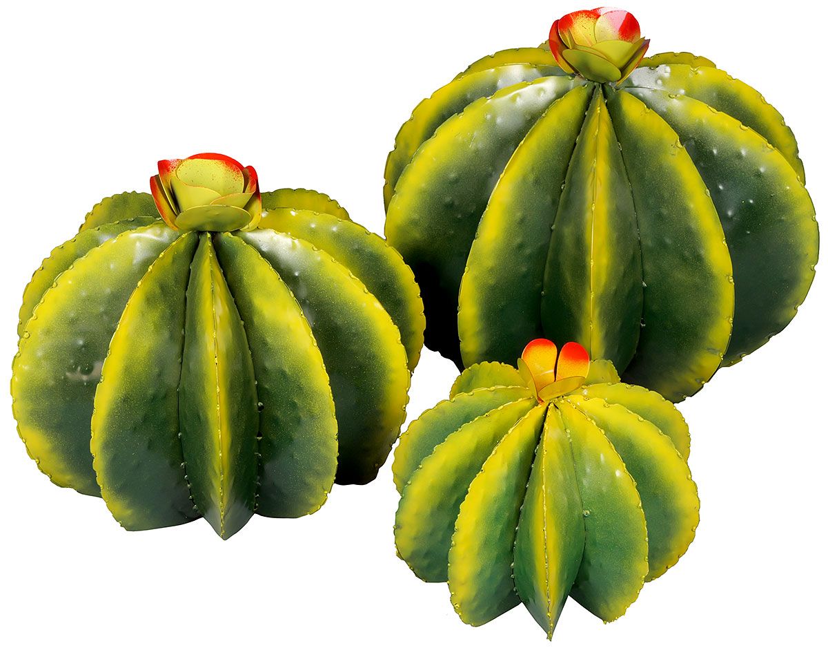 Painted Metal Barrel Cactus Yard Sculptures - Three Sizes Available