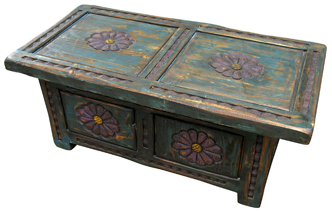Rustic Painted Wood Carved Coffee Table Storage Trunk