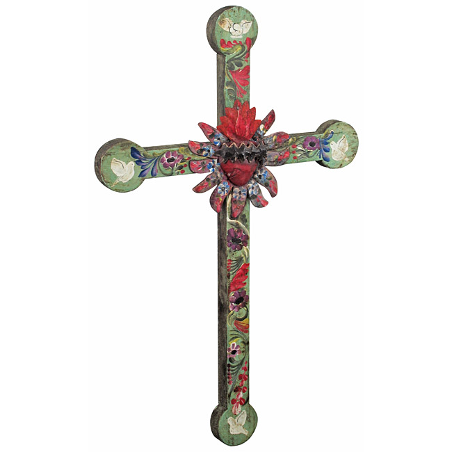 Painted Wood Mexican Folk Art Cross with Tin Fiery Heart